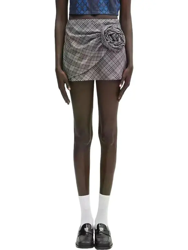 AMBUSH Rose-appliqué Plaid Mini Skirt - Grey