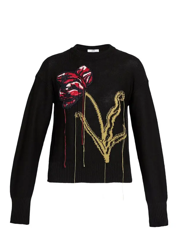 Erdem Flower-embroidered Merino-wool Sweater - Black