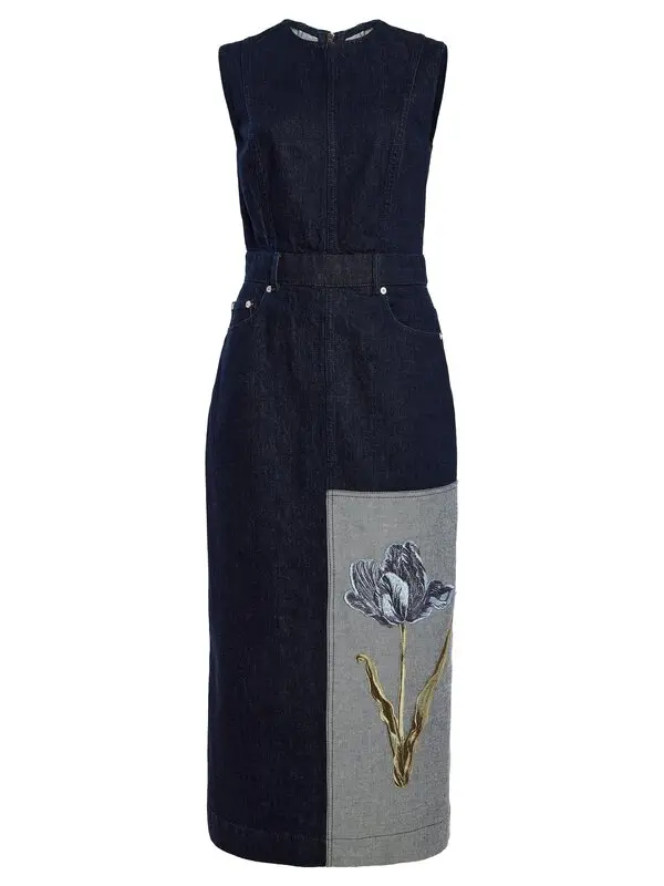 Erdem Embroidered Fluted Midi Dress - Dark Wash