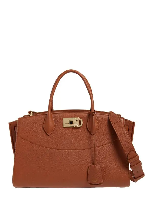 FERRAGAMO Medium The Studio Soft Leather Top Handle Bag - New Cognac