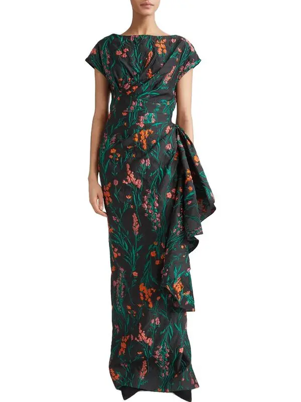 Lela Rose Florence Ruched Floral Jacquard Gown - Black Multi