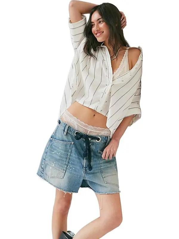 Free People We The Free Moxie Barrel Denim Shorts - Timeless Blue