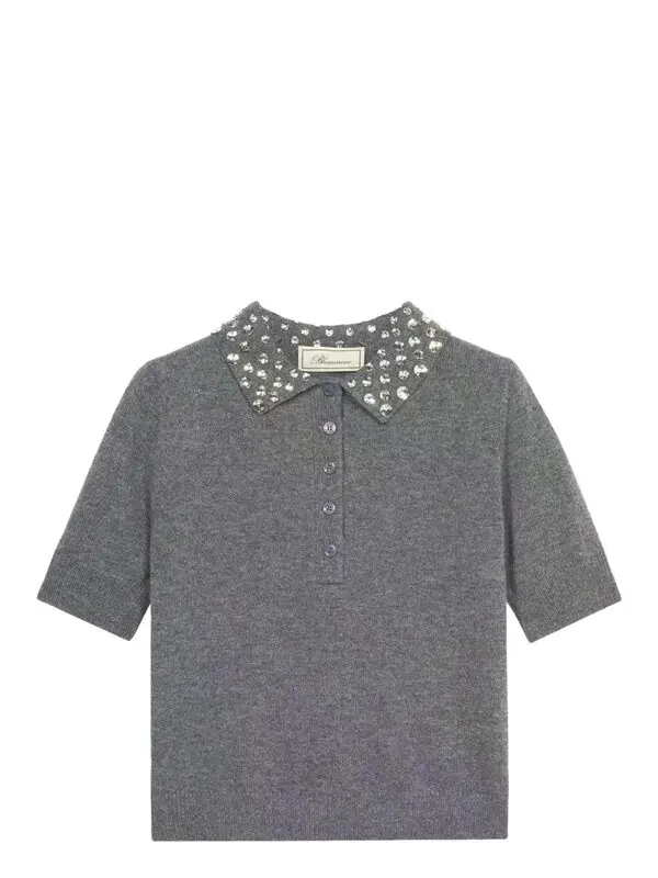 Blumarine Beaded-collar Polo Top - Grey