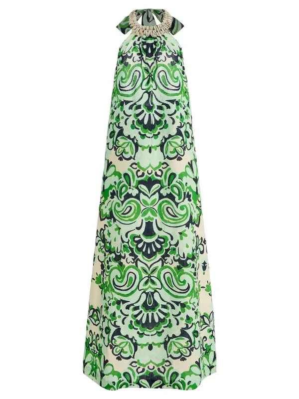 Cara Cara Aimee Seashell-detailed Printed-linen Maxi Dress - Green