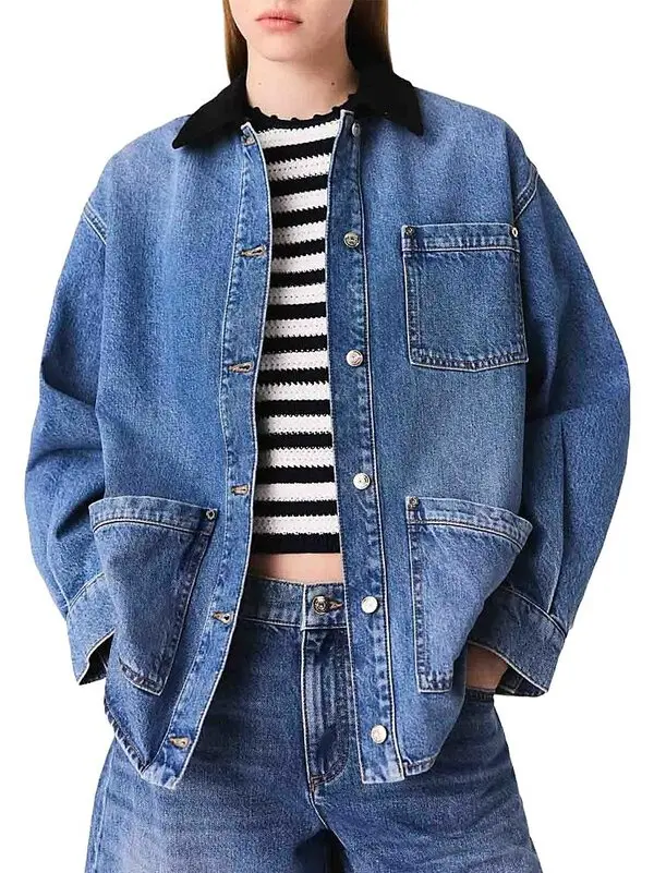 Maje Faded Denim Jacket With Corduroy Collar - Blue