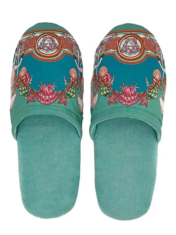 Versace Coral Theatre Terry Bath Slippers - Sea Green+dark Sea Green