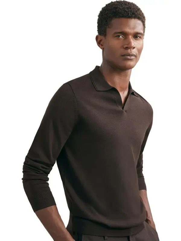 REISS Milburn Merino Wool Open-collar Polo Shirt - Chocolate Brown
