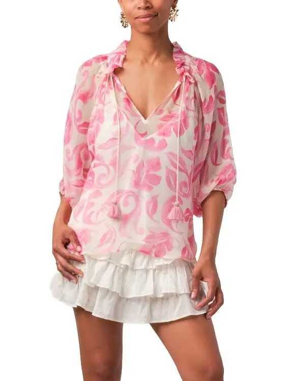 Calypso St. Barth Printed Blouse With Satin Camisole - Bright Floral Fuschia