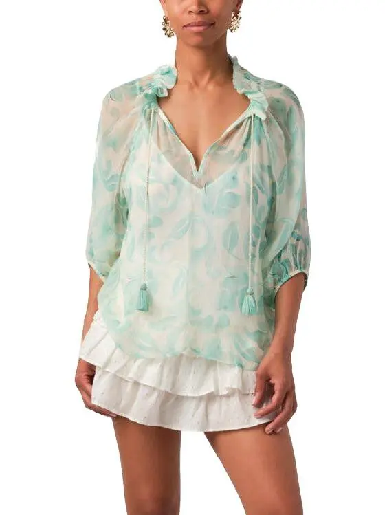 Calypso St. Barth Printed Blouse With Satin Camisole - Bright Floral Turquoise