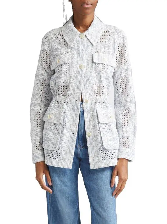 Veronica Beard Kiki Embroidered Eyelet Jacket - Blue White