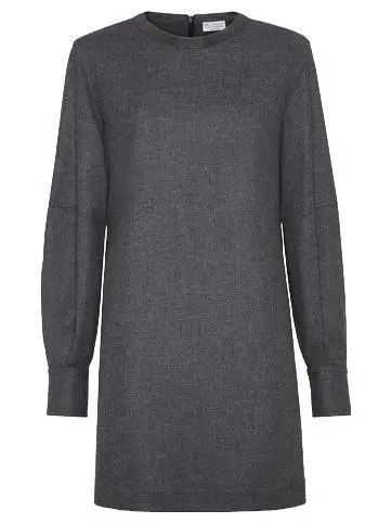 Brunello Cucinelli Twill Flannel Dress With Monili - Lead