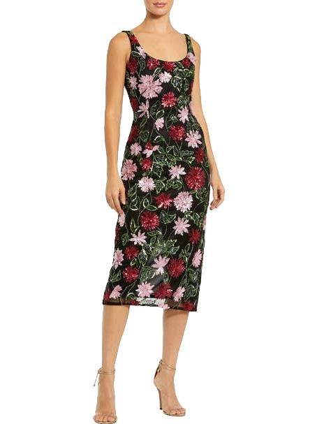 Mac Duggal Embellished Floral Mesh Midi Dress - Black Multi