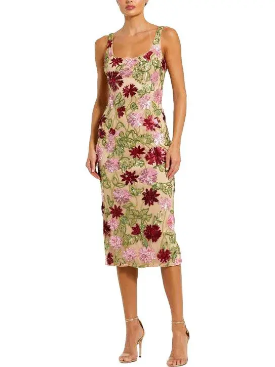 Mac Duggal Floral Beaded Mesh Scoop Neck Midi Dress - Nude Multi