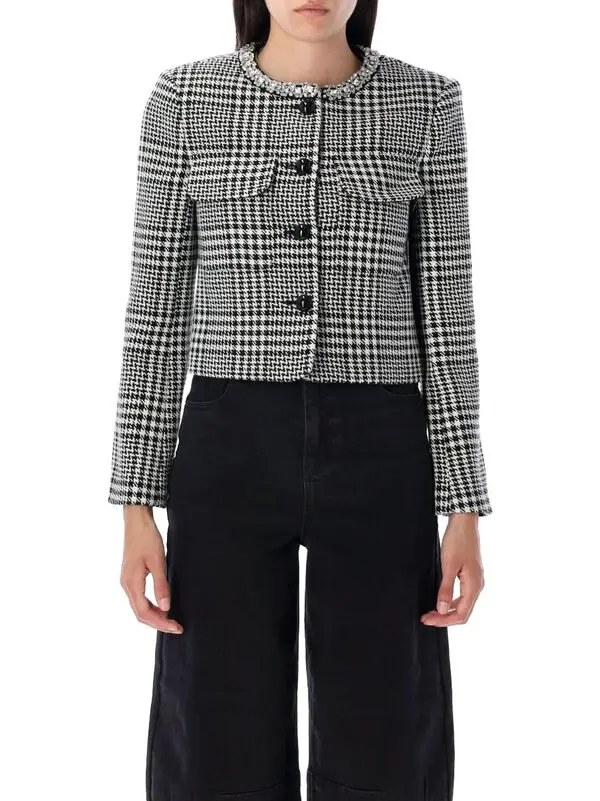 SELF-PORTRAIT Houndstooth Jacket With Crystal Trim - Black