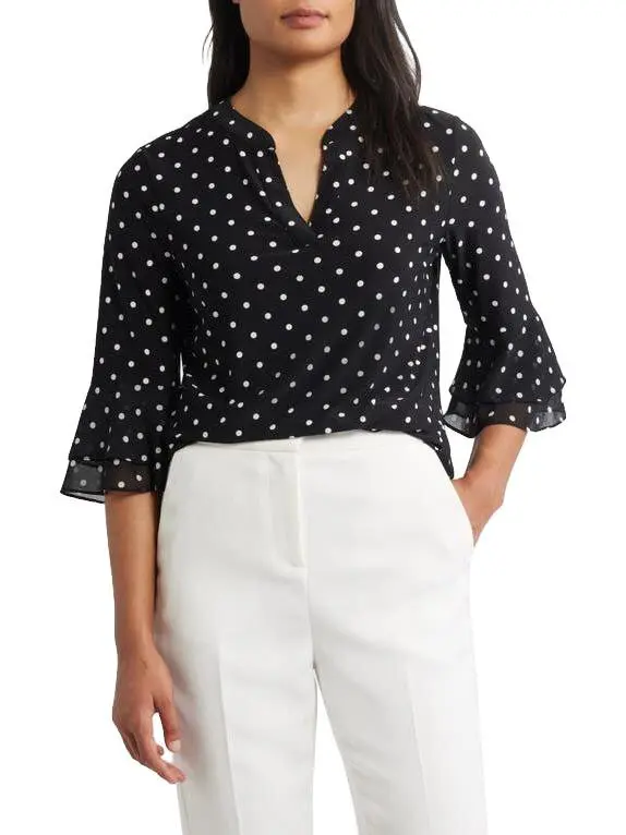 KASPER Polka Dot Flutter Sleeve Top - Black/ Vanilla Ice