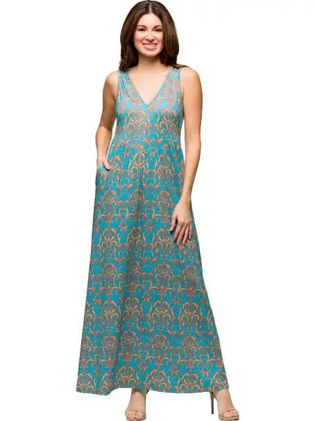 24SEVEN COMFORT APPAREL Sleeveless V-neck Maxi Dress With Pockets - Blue Multi