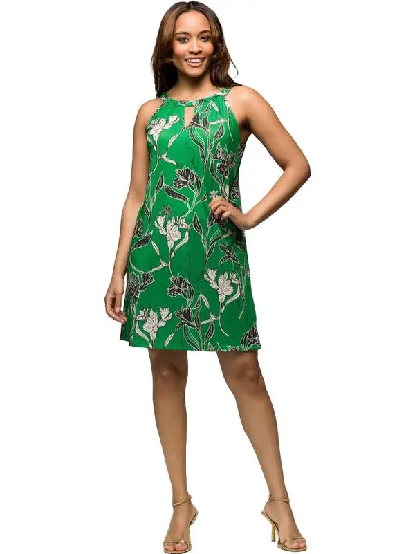 24SEVEN COMFORT APPAREL Floral Print Sleeveless Keyhole Dress - Green Multi