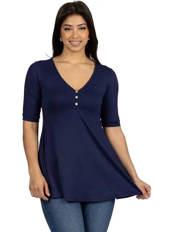 24SEVEN COMFORT APPAREL Short Sleeve Henley Top With Button Detail - Navy