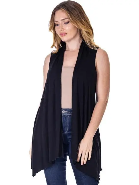 24SEVEN COMFORT APPAREL Draped Sleeveless Cardigan Vest - Black