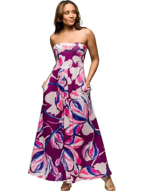 24SEVEN COMFORT APPAREL Strapless Maxi Dress With Belt And Pockets - Pink Multi
