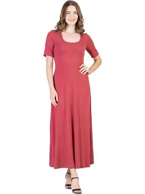 24SEVEN COMFORT APPAREL A-line Maxi Dress With Sleeves - Brick