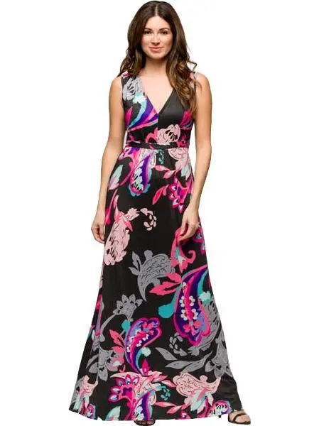 24SEVEN COMFORT APPAREL Printed Sleeveless Maxi Dress - Black Multi