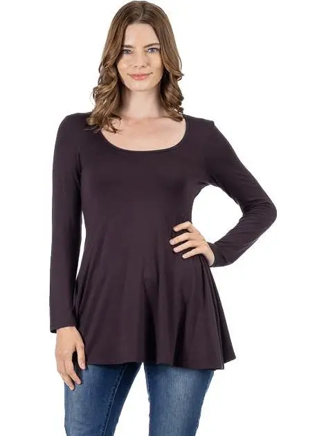 24SEVEN COMFORT APPAREL Long Sleeve Flared Tunic Top - Brown