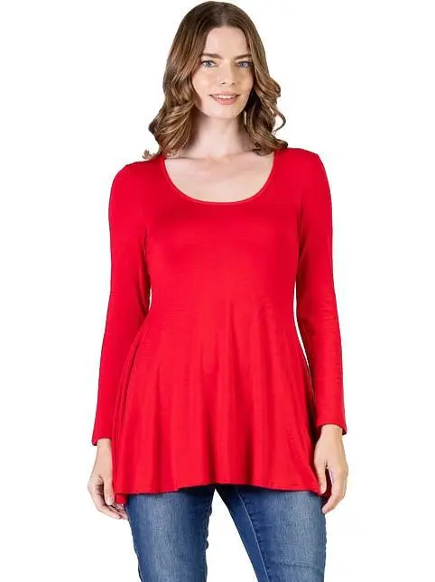 24SEVEN COMFORT APPAREL Long Sleeve Flared Tunic Top - Red