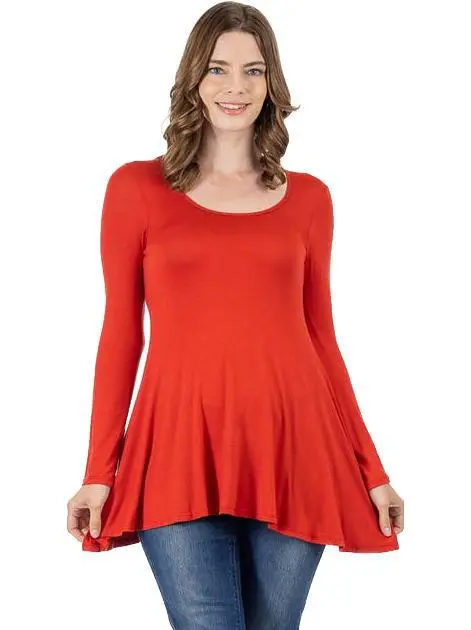 24SEVEN COMFORT APPAREL Long Sleeve Flared Tunic Top - Rust
