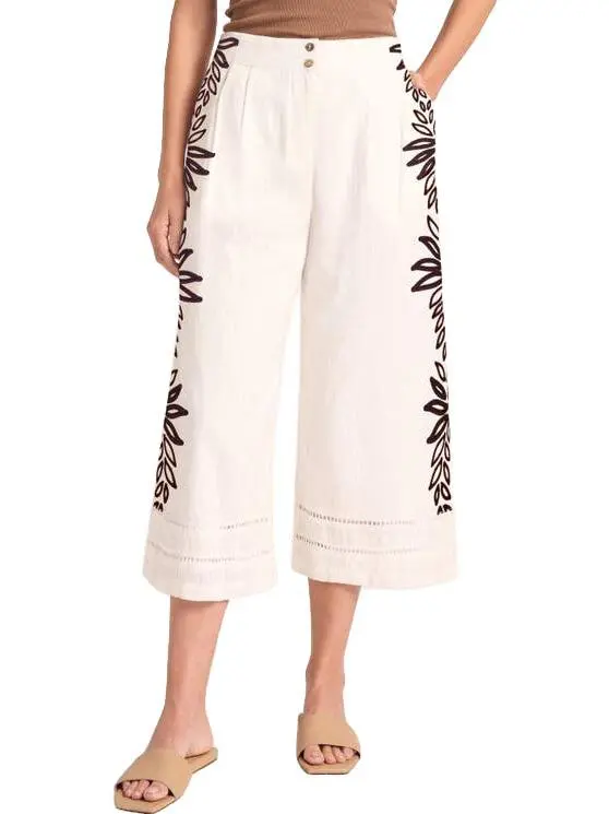 Matty M. Ireni Embroidery Detail Crop Wide Leg Cotton Pants - White/ Chocolate