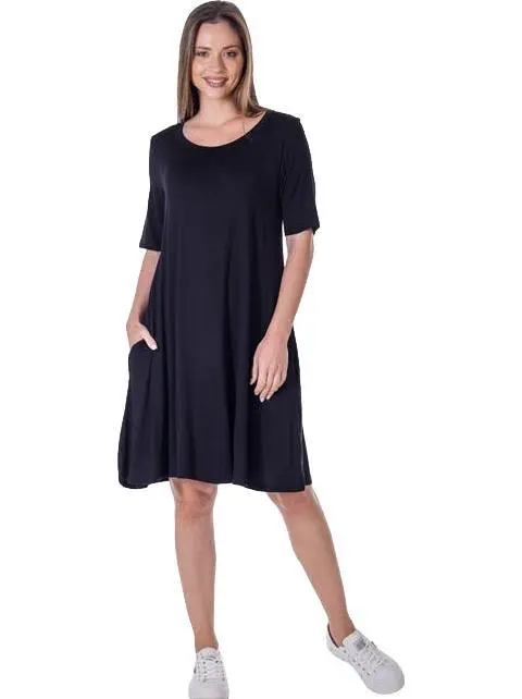24SEVEN COMFORT APPAREL Knee Length Dress With Scoop Neck And Elbow Sleeves - Black