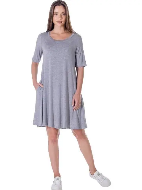 24SEVEN COMFORT APPAREL Knee Length Dress With Scoop Neck And Elbow Sleeves - Heather