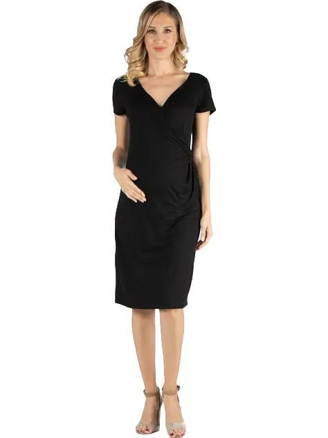 24SEVEN COMFORT APPAREL Maternity Faux Wrapover Dress - Black
