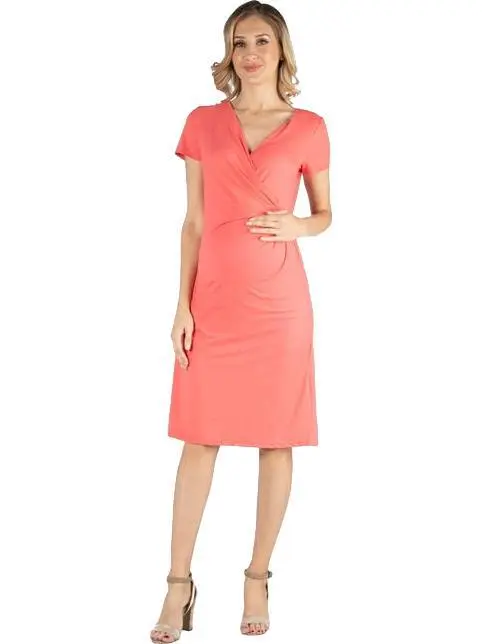 24SEVEN COMFORT APPAREL Maternity Faux Wrapover Dress - Coral