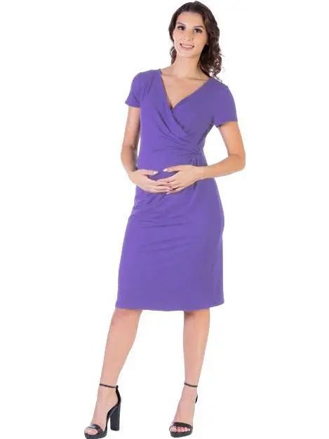 24SEVEN COMFORT APPAREL Maternity Faux Wrapover Dress - Lilac