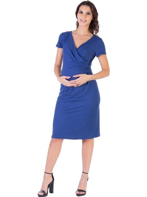 24SEVEN COMFORT APPAREL Maternity Faux Wrapover Dress - Navy