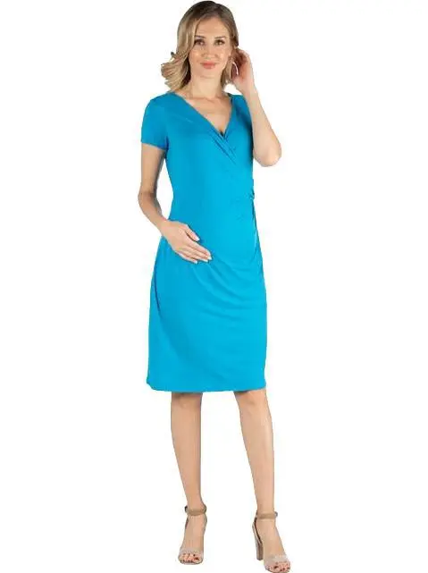 24SEVEN COMFORT APPAREL Maternity Faux Wrapover Dress - Turq