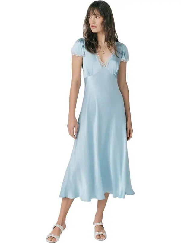 GHOST LONDON Lillie Lace Trim Satin Dress - Light Blue