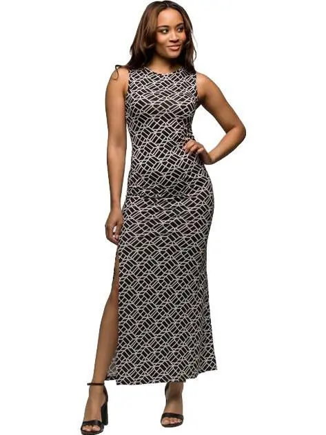 24SEVEN COMFORT APPAREL Printed Sleeveless Maxi Dress With Slit - Black Multi