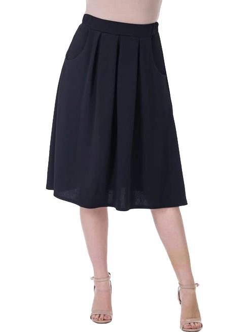 24SEVEN COMFORT APPAREL Elastic Waist Pleated Knee Length Skirt - Black