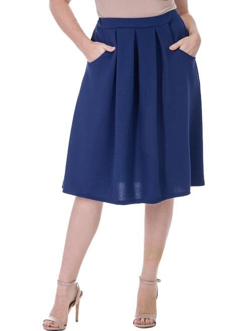24SEVEN COMFORT APPAREL Elastic Waist Pleated Knee Length Skirt - Navy