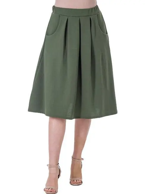 24SEVEN COMFORT APPAREL Elastic Waist Pleated Knee Length Skirt - Olive