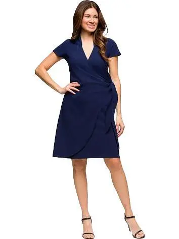 24SEVEN COMFORT APPAREL Maternity Mandarin Collar Knee Length Wrap Dress - Navy