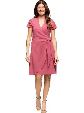 24SEVEN COMFORT APPAREL Maternity Mandarin Collar Knee Length Wrap Dress - Rose