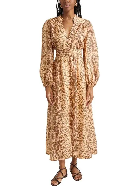 Zimmermann Cascadian Leopard Print Linen Midi Dress - Tan Leopard
