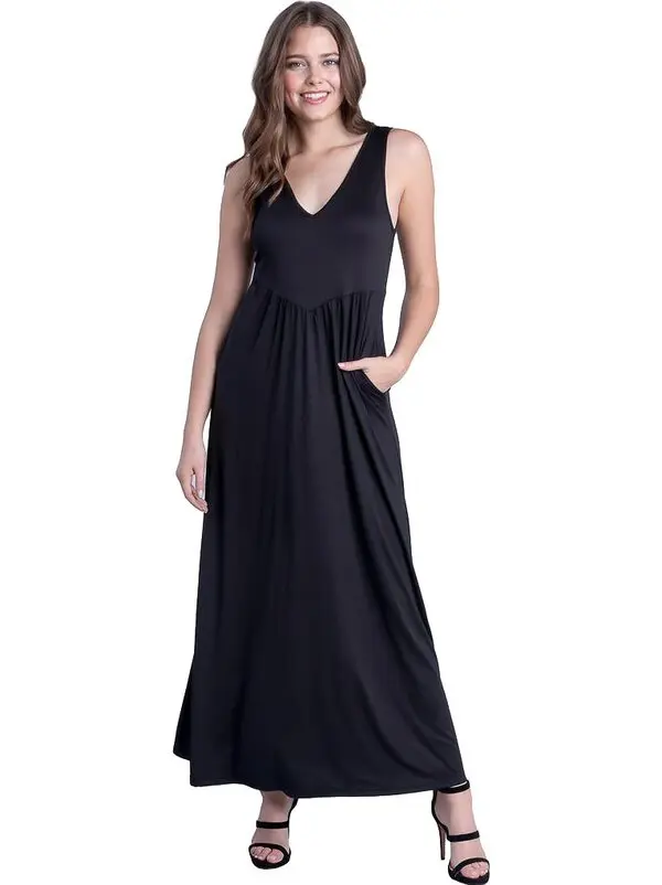 24SEVEN COMFORT APPAREL Sleeveless V-neck Maxi A-line Dress With Pockets - Black