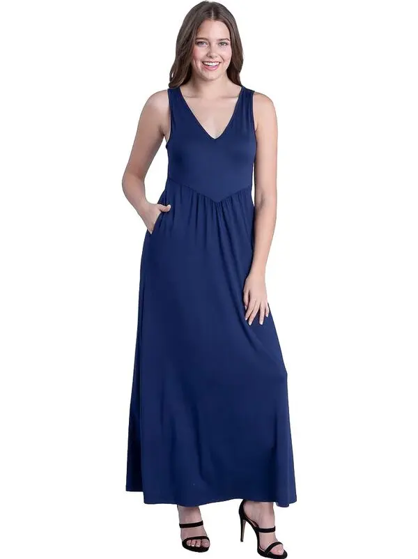 24SEVEN COMFORT APPAREL Sleeveless V-neck Maxi A-line Dress With Pockets - Navy