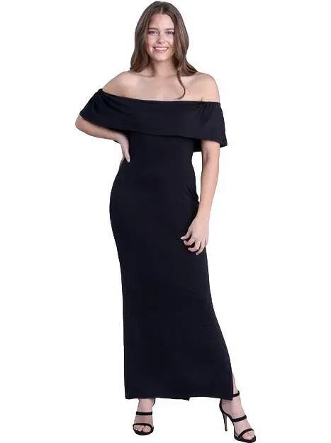 24SEVEN COMFORT APPAREL Off Shoulder Ruffle Detail Maxi Dress - Black