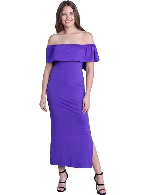 24SEVEN COMFORT APPAREL Off Shoulder Ruffle Detail Maxi Dress - Purple