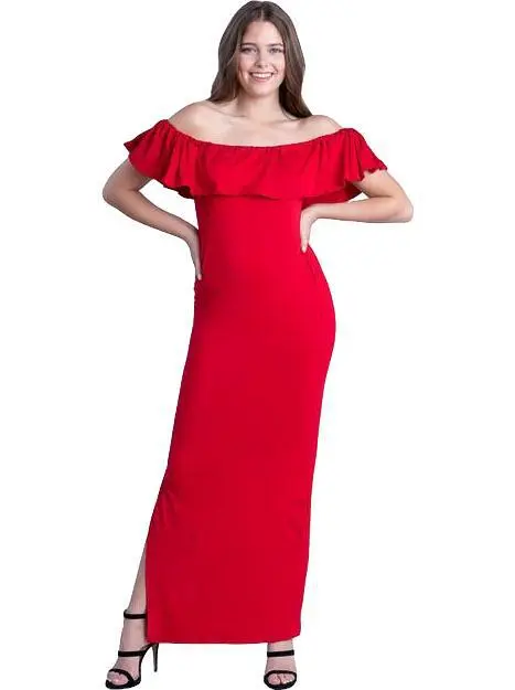 24SEVEN COMFORT APPAREL Off Shoulder Ruffle Detail Maxi Dress - Red